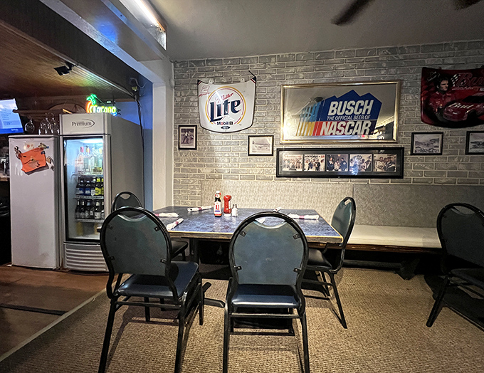 NASCAR memorabilia and brick walls create that perfect "local joint" atmosphere where pretension goes to die and appetite comes to live.