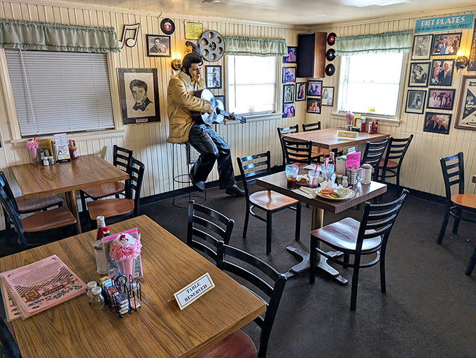 Even Elvis is ready to serenade your breakfast. In this dining room, the King watches over your eggs with the same intensity he brought to Vegas.