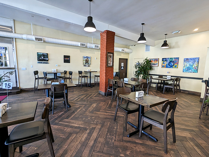 Clean lines, thoughtful spacing, and warm lighting create a dining room that balances casual comfort with a respect for the serious business of eating well.