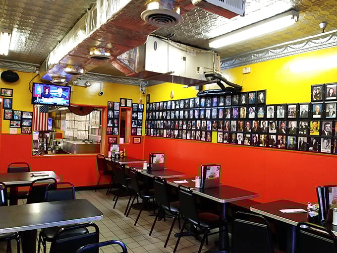 The dining room's red and yellow color scheme isn't just bold&mdash;it's a psychological trick to make you hungry. And judging by the crowds, it works.