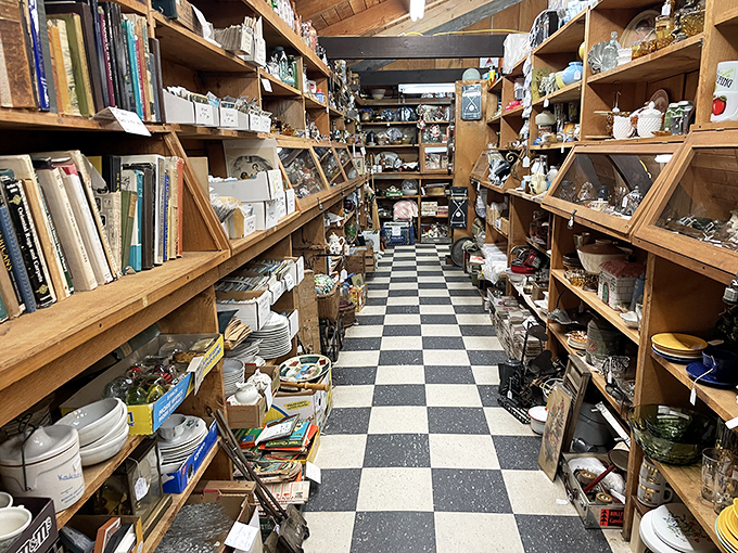 Books and treasures line this checkerboard aisle like soldiers standing at attention, waiting for you to discover their secrets.
