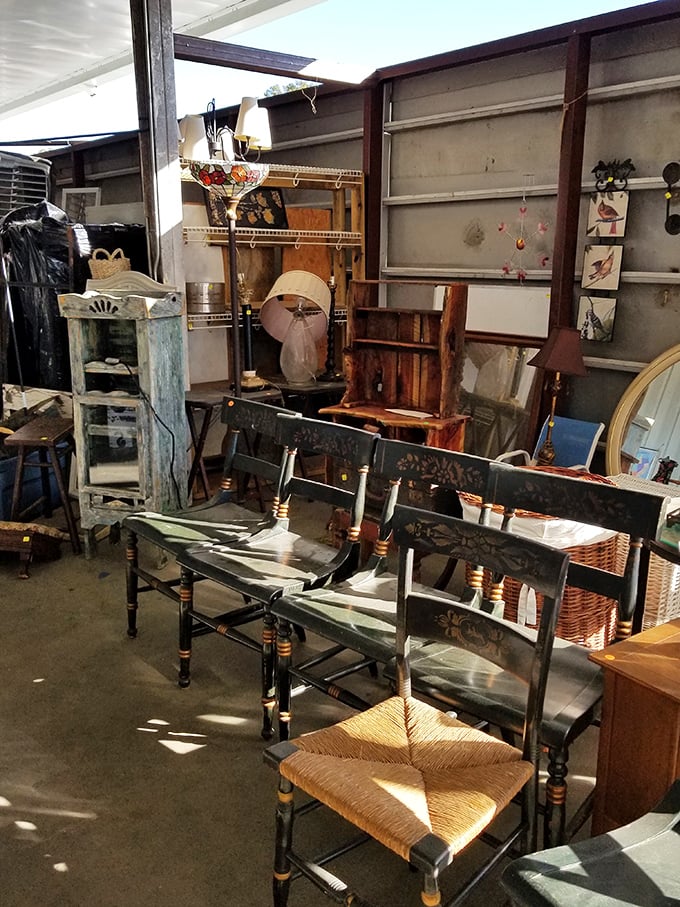 Mismatched chairs tell decades of stories, each scratch and wobble a testament to family dinners and heated debates.