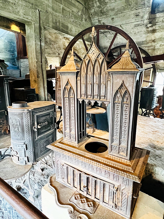 Gothic meets functional in this ornate heating marvel. This decorative cast iron stove reminds us that even everyday objects were once crafted with artistic flair.