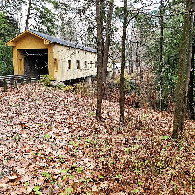 Autumn leaves carpeting the approach make every footstep crunch with that satisfying sound only fall can deliver perfectly.