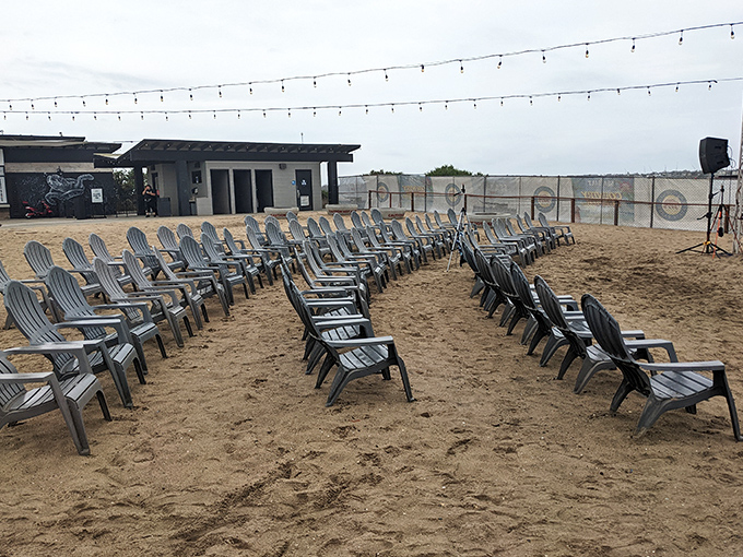 Beach chairs lined up like an audience awaiting the day's performance: spectacular sunsets and equally impressive food service.
