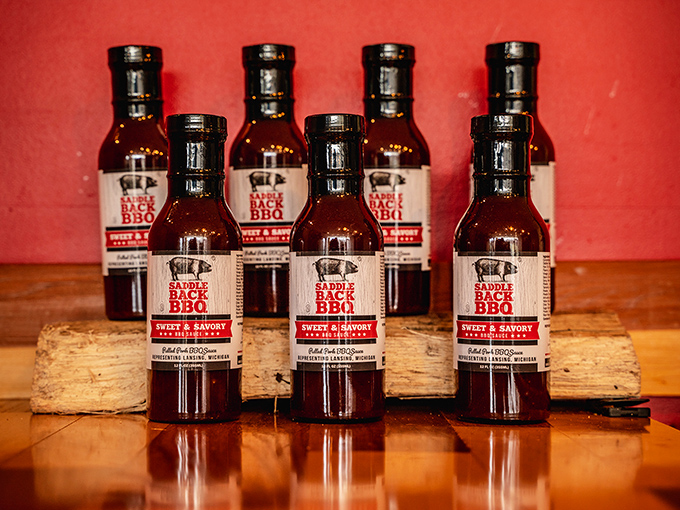 Bottles of house-made sauces standing at attention like delicious soldiers. Your barbecue's backup dancers are ready to shine.