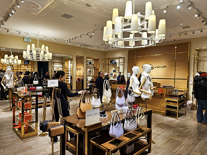 Handbag heaven at the Tory Burch outlet. Each one displayed like museum art, except here, you're encouraged to take them home.