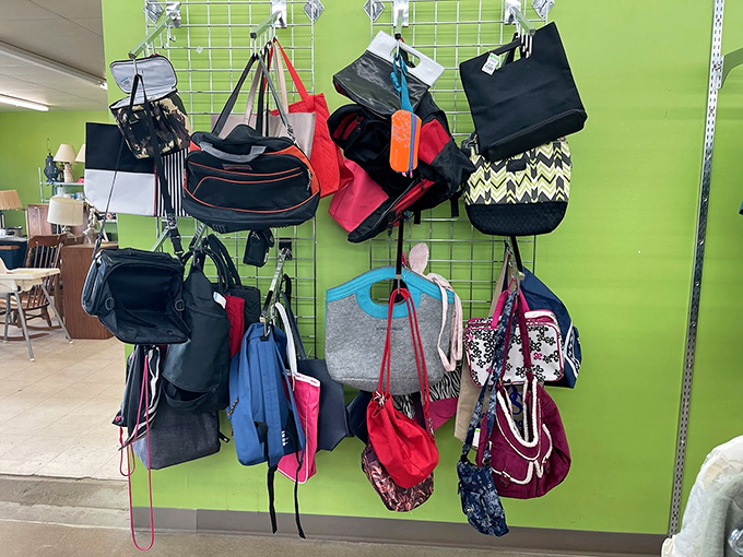 Handbags and totes hang like colorful fruit, ripe for the picking. That chevron pattern is practically screaming "Take me home!"