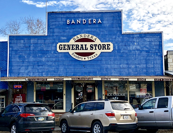 The vibrant blue Bandera General Store promises ice cream, boots, and everything in between &ndash; the original one-stop shop before big box stores ruined the fun.