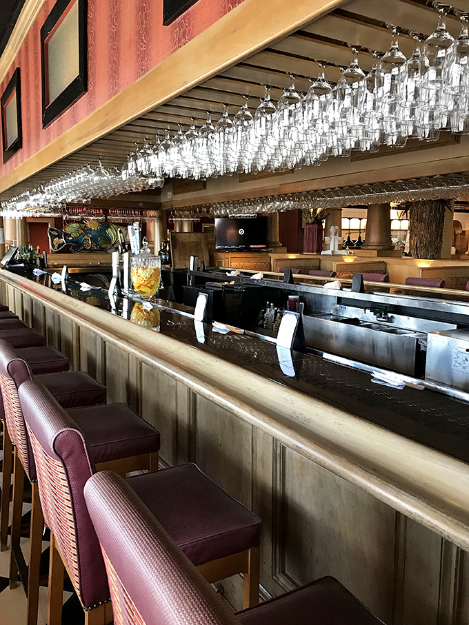 A bar where every glass hanging overhead represents a potential story, conversation, or celebration waiting to happen.
