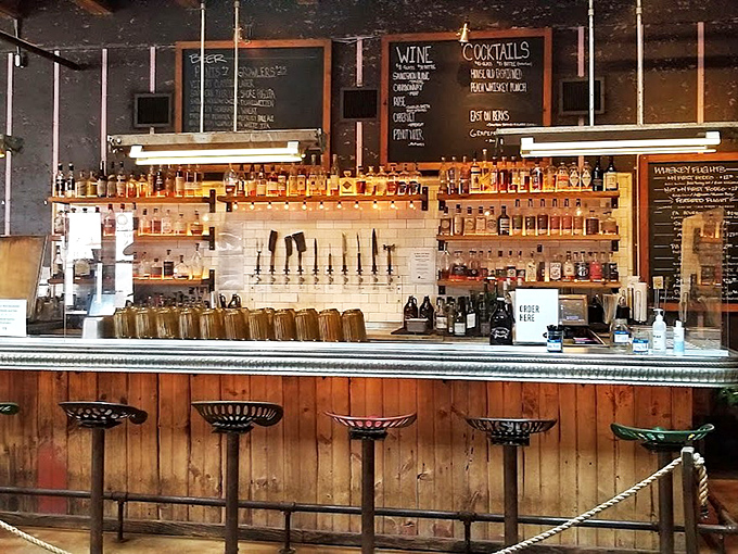 Gleaming bottles and beer taps line the bar, ready to fuel your brisket conquest.