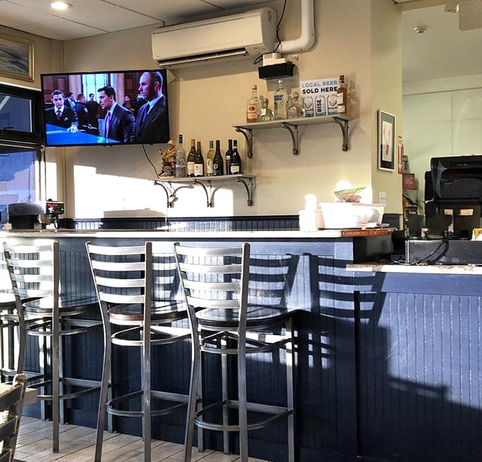 The bar area offers respite for solo diners and a front-row seat to local sports on the overhead TV.