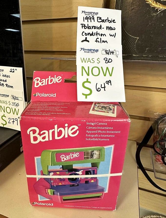 A vintage Barbie Polaroid camera represents peak nineties nostalgia, combining two iconic brands into one gloriously pink time capsule.