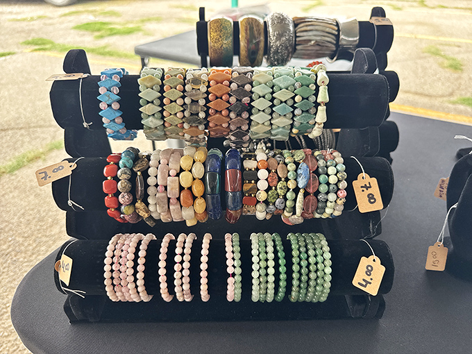 Beaded bracelets arranged like a geological rainbow&mdash;each strand promising to be that perfect accent piece you didn't know your wrist needed.