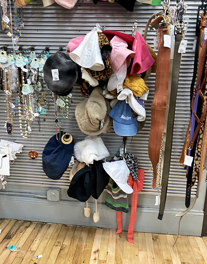 Hat heaven &ndash; where bucket hats and beanies cluster like fashionable fruit, ready to crown heads with instant personality and style.