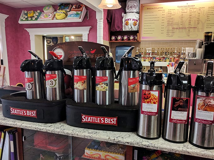 Coffee stations lined up like soldiers ready for the morning rush&mdash;caffeine reinforcements for your sugar expedition.