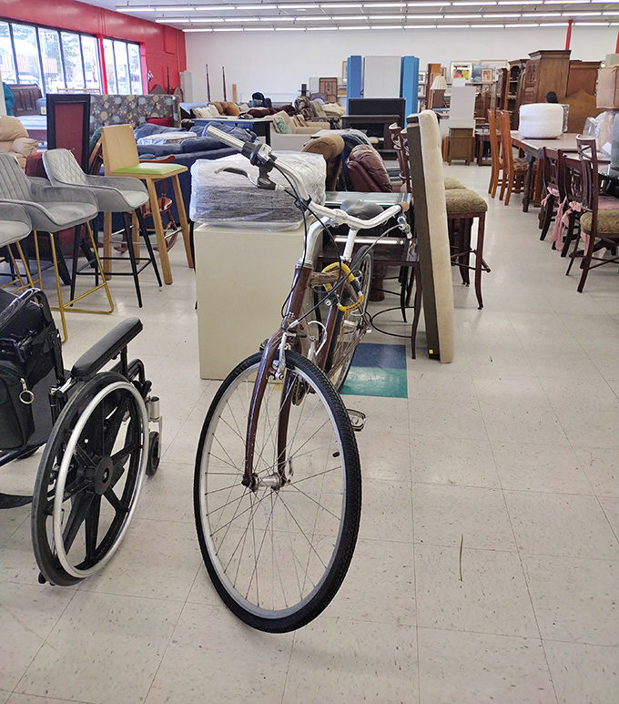 Even bicycles find new homes here, ready to roll into their next adventure with a different rider.