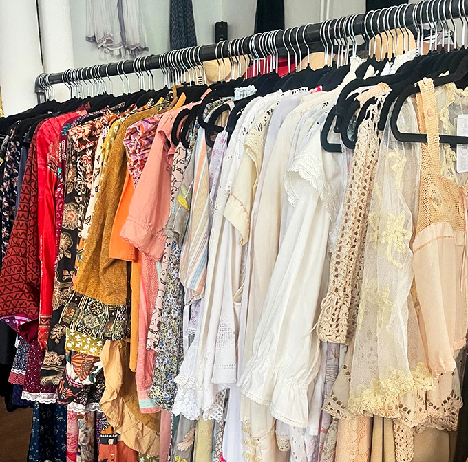 Bohemian rhapsody on a rack! These delicate vintage blouses and dresses whisper of summer festivals, garden parties, and romantic picnics from decades past.
