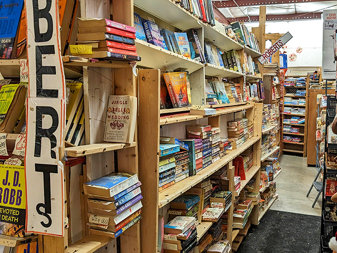 Book lovers could spend hours browsing these wooden shelves filled with stories, knowledge, and forgotten bestsellers from yesteryear.