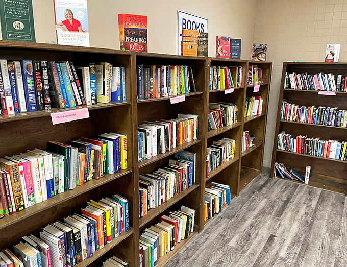 Wooden shelves cradle literary journeys waiting to be rediscovered, from bestsellers to obscure gems&mdash;each book a doorway to someone else's favorite world.