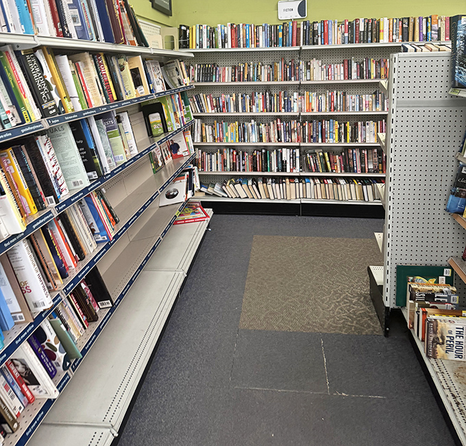 Bibliophile bliss! Floor-to-ceiling shelves create a literary labyrinth where paperback treasures and hardcover gems await for mere dollars.