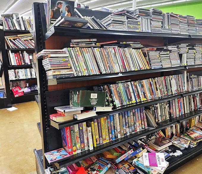 The media section: where forgotten DVDs and paperbacks create a time capsule of entertainment. Yesterday's bestsellers at yesterday's prices.