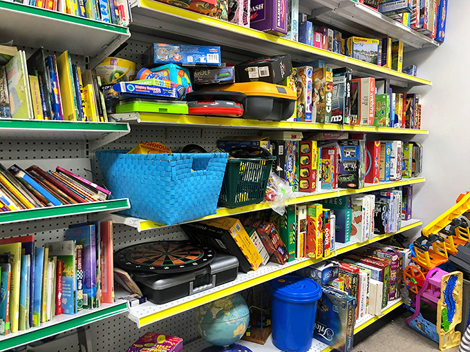 Board games, books, and childhood nostalgia fill these colorful shelves. Find the toys you grew up with or discover someone else's memories.