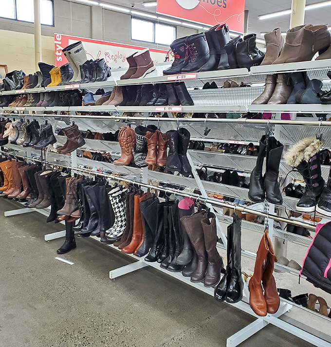 Boot boulevard &ndash; where practical rain boots stand shoulder to heel with cowboy kicks and winter warmers, all at a fraction of retail.