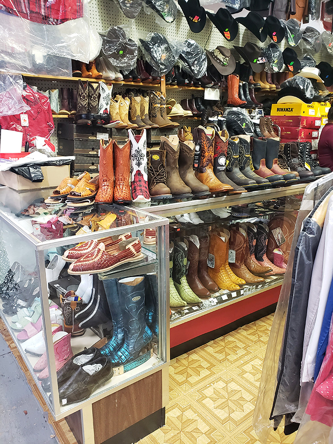 Boot paradise or cowboy heaven? This leather-scented corner offers enough options to outfit an entire Western movie cast with authentic swagger.
