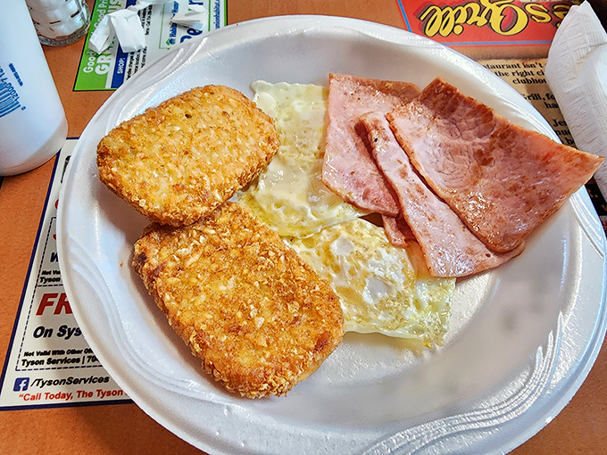 Hash browns, country ham, and eggs cooked exactly how you want them—breakfast done the old-fashioned way still wins.