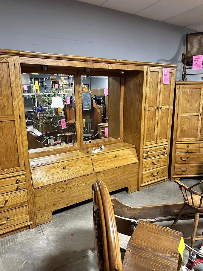 Solid oak furniture that outlasted its original owners stands ready for adoption. This bedroom set costs less than a single IKEA nightstand but will outlive it by decades.