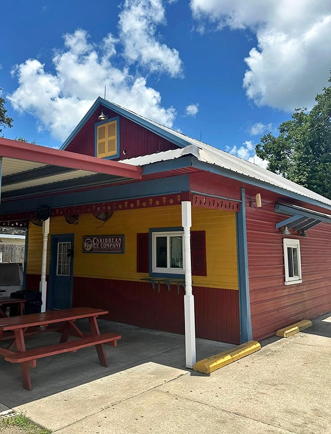 Caribbean Ice Company's vibrant facade brings tropical flair to New Iberia &ndash; a rainbow-colored promise of sweet relief from Louisiana summers.