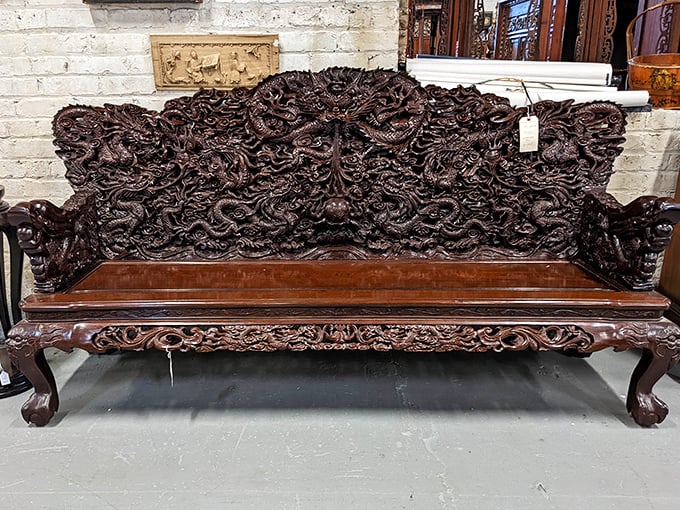 This intricately carved hardwood bench isn't just furniture&mdash;it's practically sculpture. Imagine the stories it could tell if wood could talk.