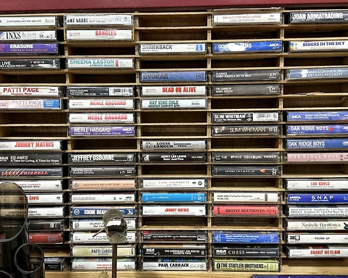 Cassette tapes arranged like library cards, each one a mixtape waiting to happen again.