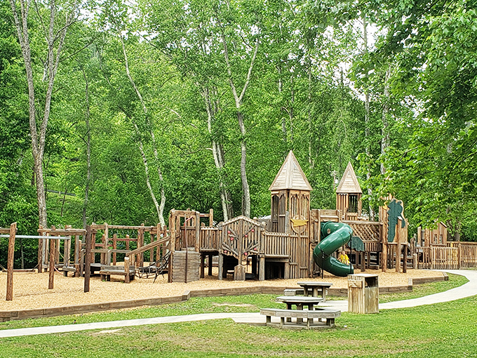 Castle Creek Playground welcomes grandchildren visitors with wooden towers and slides, making Grafton a place where retirement dollars stretch to include family memories.