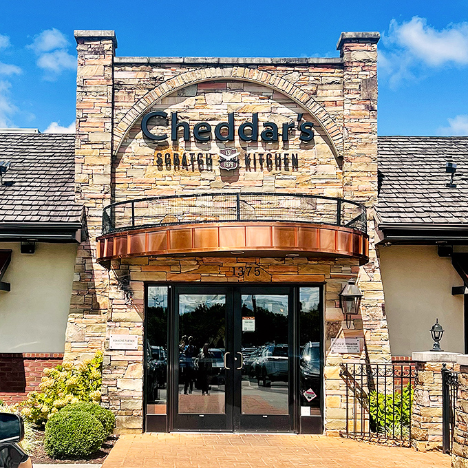 Cheddar's stone facade promises comfort food that hugs your insides like your grandmother's embrace&mdash;if grandma had a full bar and industrial kitchen.