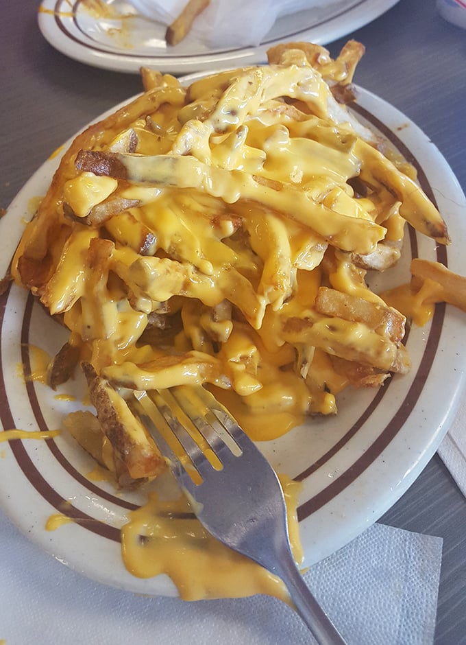 Cheese fries so gloriously excessive they deserve their own ZIP code. The fork stands as a brave explorer in a golden landscape.