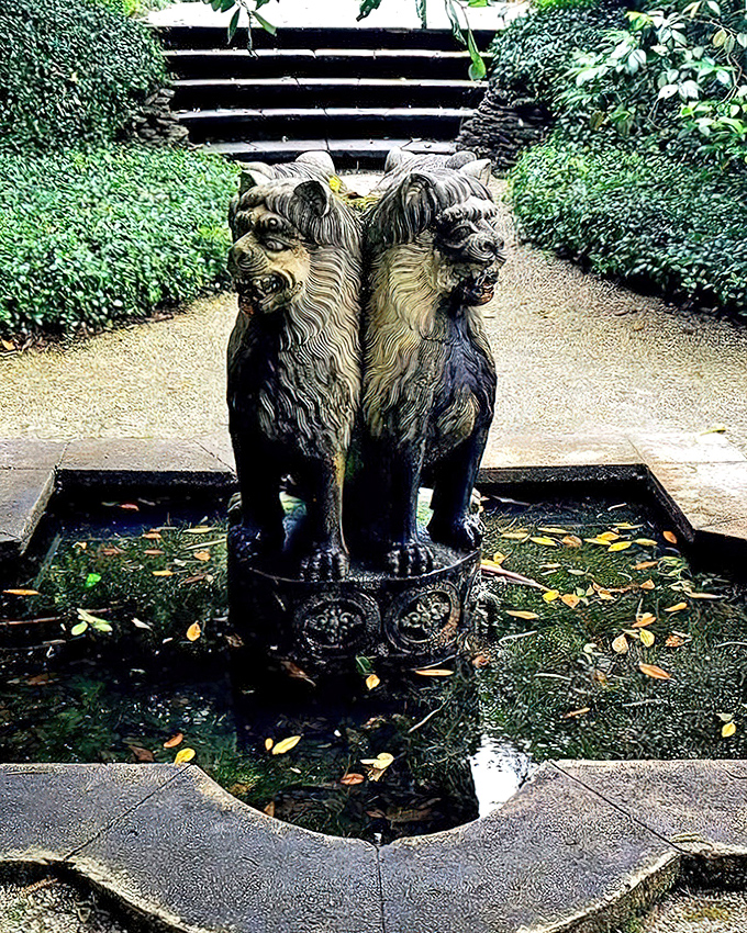 Guardian lions keeping watch over tranquil waters. These stoic sentinels have seen it all and still manage to look both fierce and fabulous.