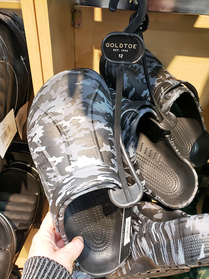 Camouflage Goldtoe clogs&mdash;because sometimes your feet deserve comfort that's both practical AND makes a fashion statement.