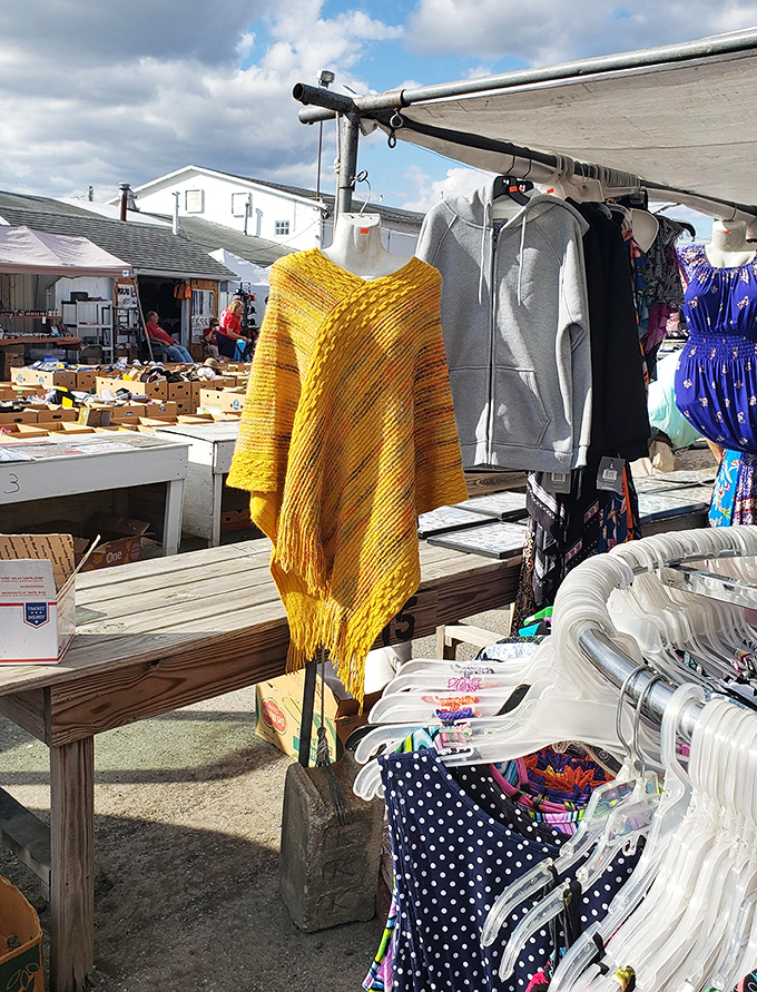 Clothing racks under open skies prove that fashion doesn't require fluorescent mall lighting or astronomical price tags.