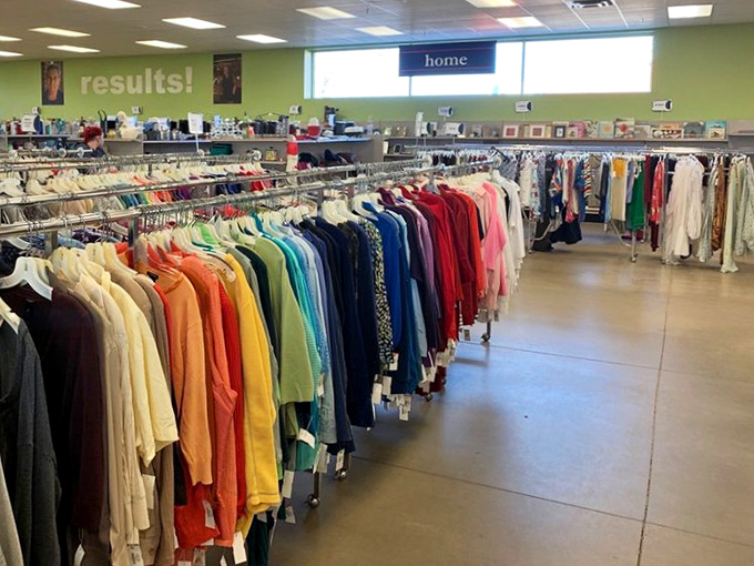 The clothing section's color-coded organization system would make Marie Kondo weep with joy. Everything here sparks bargain bliss.