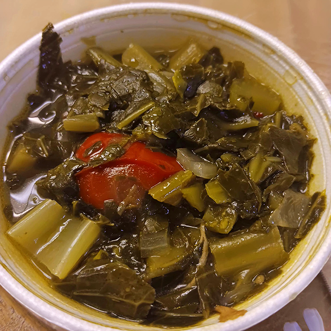 Collard greens cooked low and slow with bits of smoked meat&mdash;vegetables that have been convinced to taste like an indulgence.