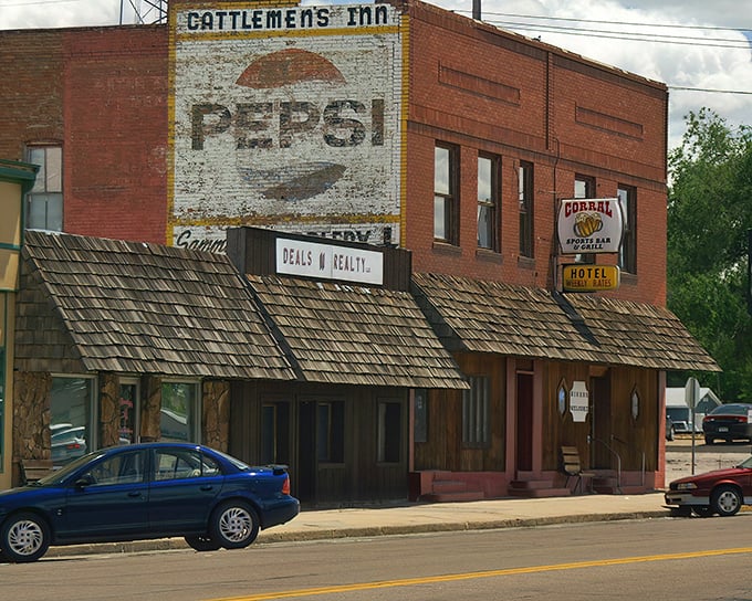 Faded advertisements on brick walls serve as unintentional art installations documenting decades of small-town commerce and survival through changes.