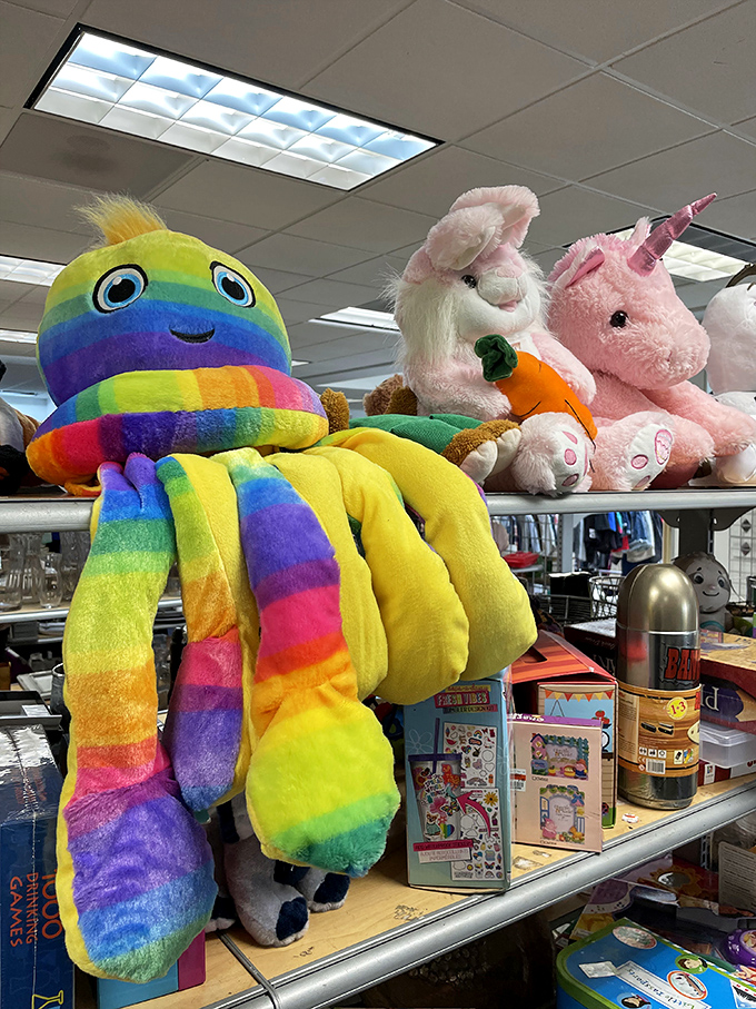 The toy section: where rainbow octopi and pink unicorns wait patiently for their forever homes. Childhood joy at grown-up prices.