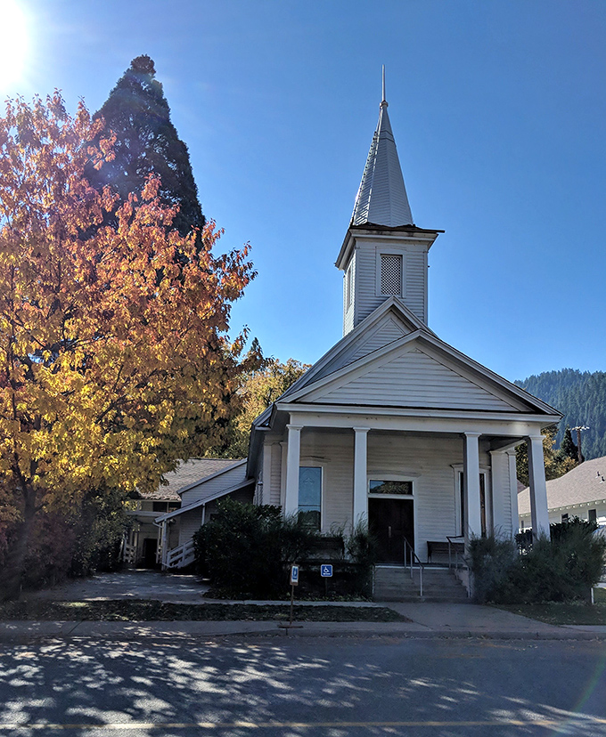 This charming white church with its perfect steeple could be the poster child for "small-town Americana," especially with fall foliage.