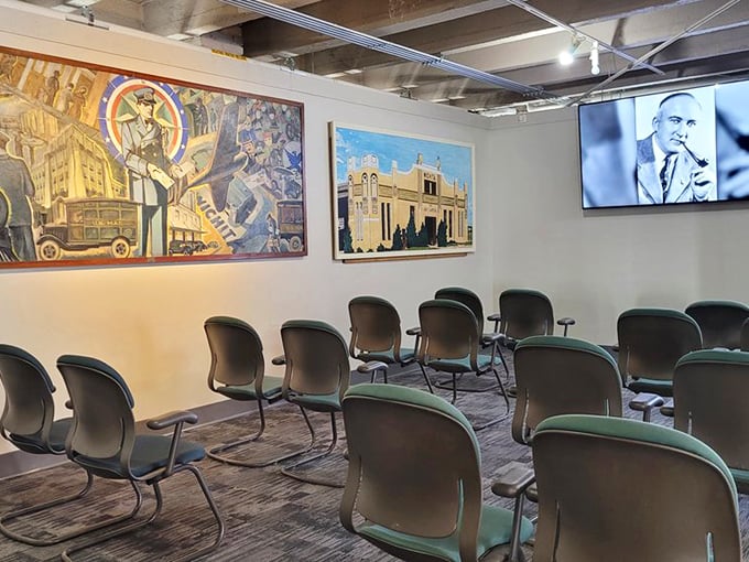 The conference room doubles as a gallery, with stunning aviation murals that make your office's motivational posters look like kindergarten art projects.