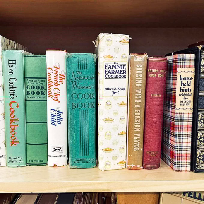 Cookbooks spanning generations&mdash;from Fannie Farmer classics to Betty Crocker favorites&mdash;each spine a portal to culinary nostalgia. 