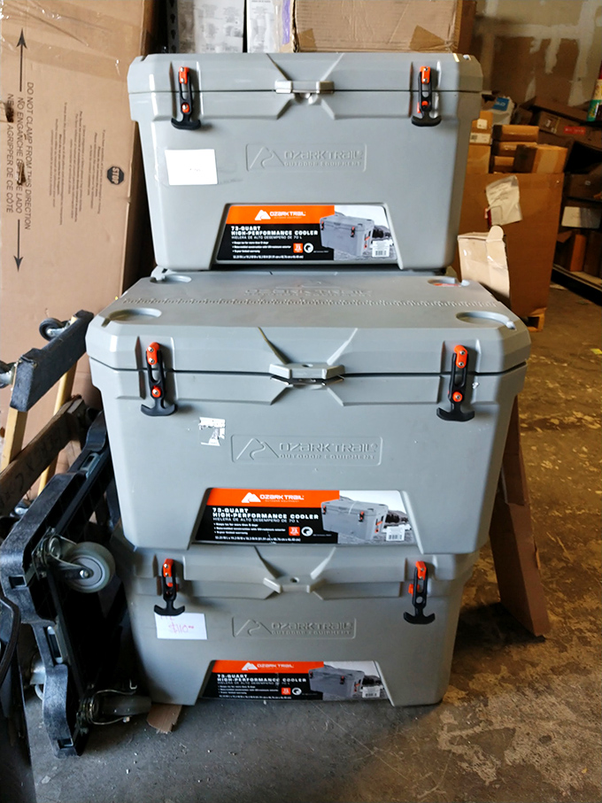 Coolers stacked like building blocks of adventure – ready to keep your drinks cold and your savings hot.