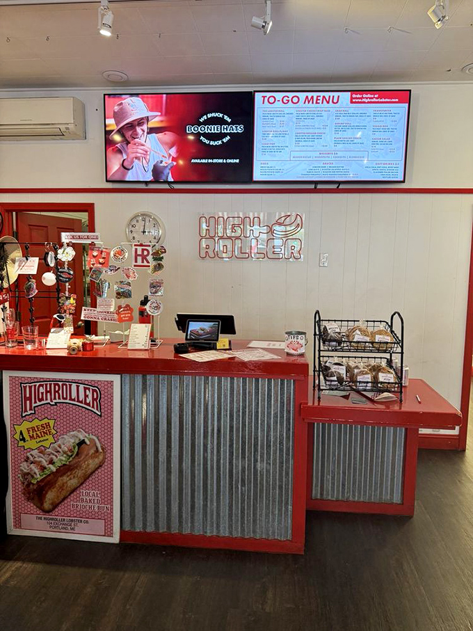 The ordering counter welcomes you with corrugated metal charm and promises of lobster delights. Resistance is futile.