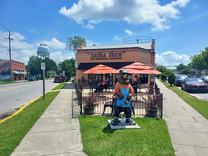 Crema Brew's bear mascot stands guard over what locals know is the perfect spot to fuel up before exploring downtown's historic treasures.